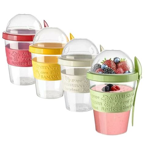 Eynel 4팩 Breakfast On The Go 요거트 파르페 컵 뚜껑과 스푼이 있는 재사용 가능한 플 티몬