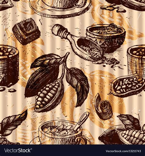 Seamless Pattern With Cocoa Fruits Monochrome Vector Image