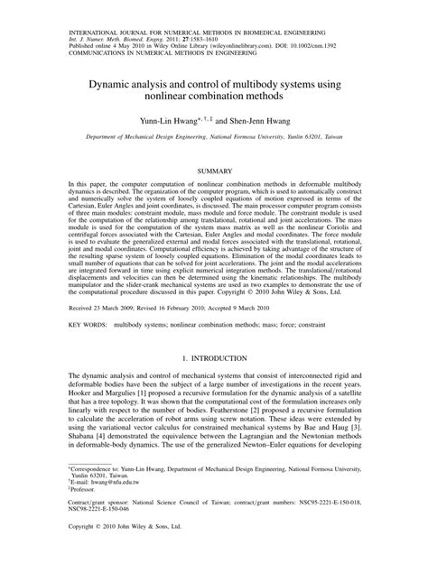 Pdf Dynamic Analysis And Control Of Multibody Systems Using Nonlinear