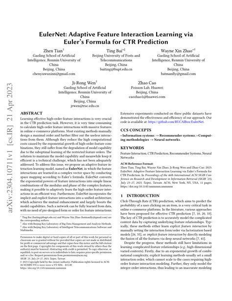 Pdf Eulernet Adaptive Feature Interaction Learning Via Eulers Formula For Ctr Prediction