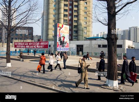 Typical Urban Street Scene In The Capital Pyongyang Democratic Peoples Republic Of Korea