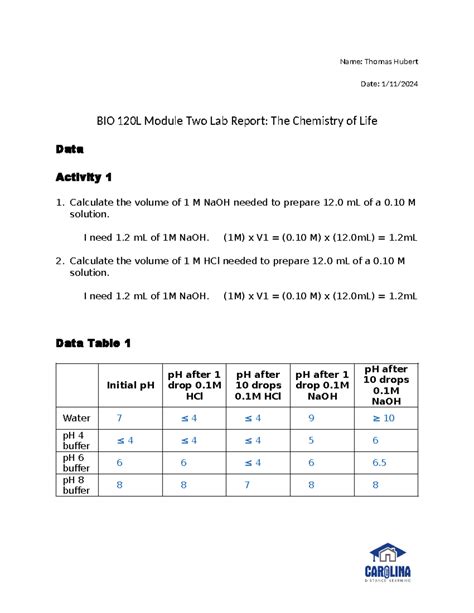 Module 2 Lab The Chemistry Of Life Name Thomas Hubert Date 111