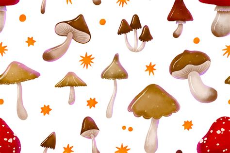 완벽 한 패턴 숲 버섯과 별 Toadstool 살구 꿀 Agarics Fly Agarics Morels 유독 한 버섯 배경 벽지 손으로 그린 만화 그림 가을과 정원 가꾸기