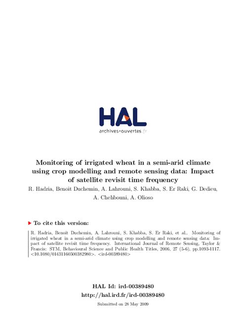 Pdf Monitoring Of Irrigated Wheat In A Semi‐arid Climate Using Crop