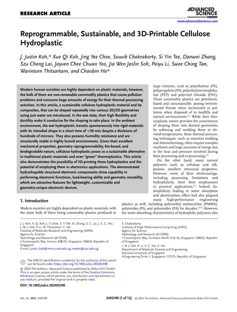 Pdf Reprogrammable Sustainable And 3d‐printable Cellulose Hydroplastic