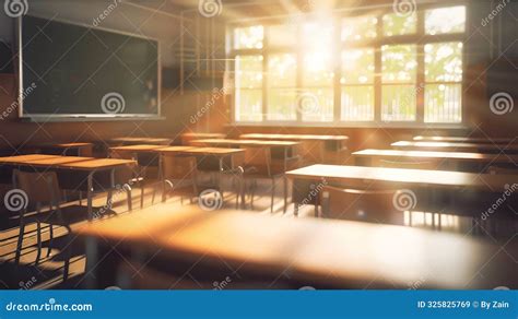 Sunlit Empty Classroom With Wooden Desks Chairs Large Windows And