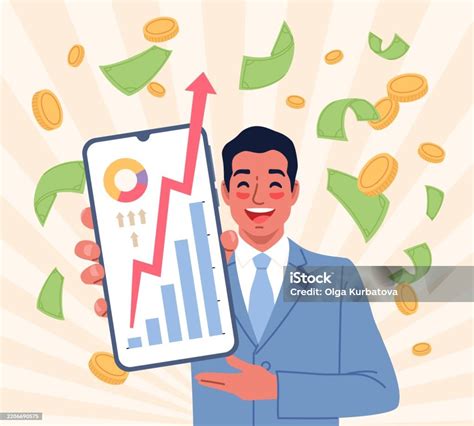 사업가가 전화를 보여줍니다 사무복을 입은 행복한 남자가 화면에 차트가 자라는 스마트 폰을 들고 성공적인 시작 통계 성장 만화 플랫 스타일 절연 벡터 고급 개념 Brand