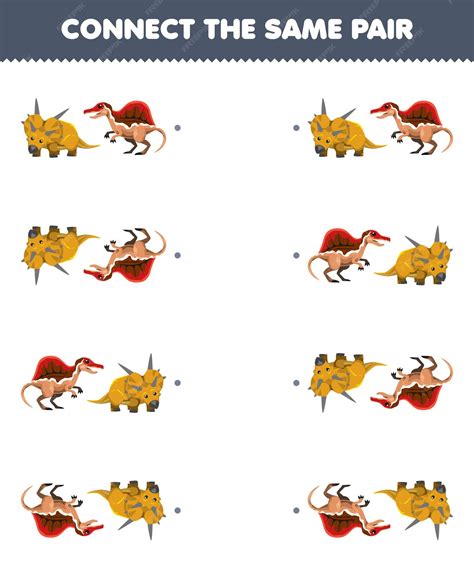 어린이를 위한 교육 게임은 귀여운 만화 제노케라톱스와 스피노사우루스 쌍 인쇄 가능한 착용 가능한 선사 시대 공룡 워크시트의