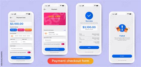 Online Payment Checkout Mobile Apps Ui Ux Gui Set With Wallet Shopping Account Fund Transfer