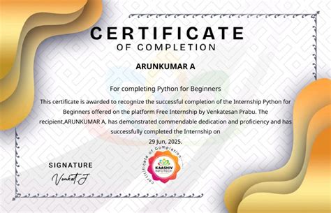 🏅 Certificate Of Completion Python For Beginners A Arunkumar