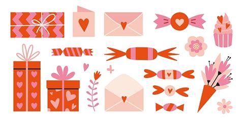 해피 발렌타인 선물 세트 하트 봉투 선물 상자 및 꽃 만화 스타일과 같은 다양한 낭만적 인 물건 유행 현대 벡터 일러스트 레이 션은 흰색 손으로 그린 평면 디자인에 고립되어