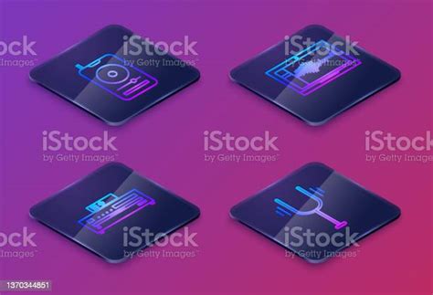 노트북과 음악 튜닝 포크에 등음 라인 음악 플레이어 음악 Cd 플레이어 사운드 또는 오디오 레코더를 설정합니다 파란색 정사각형 버튼 벡터 3차원 형태에 대한 스톡 벡터 아트