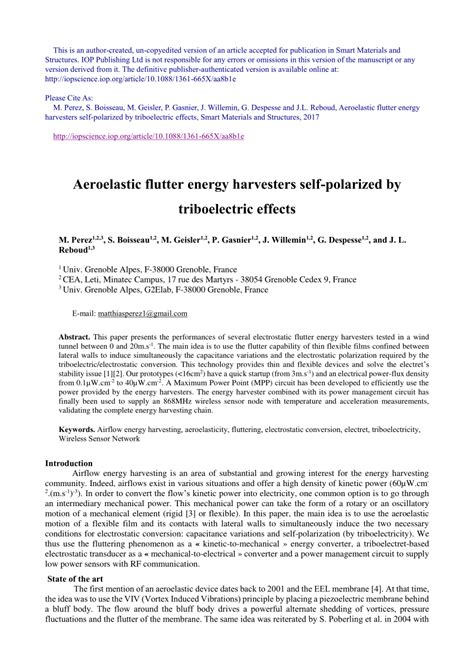 Pdf Aeroelastic Flutter Energy Harvesters Self Polarized By Triboelectric Effects