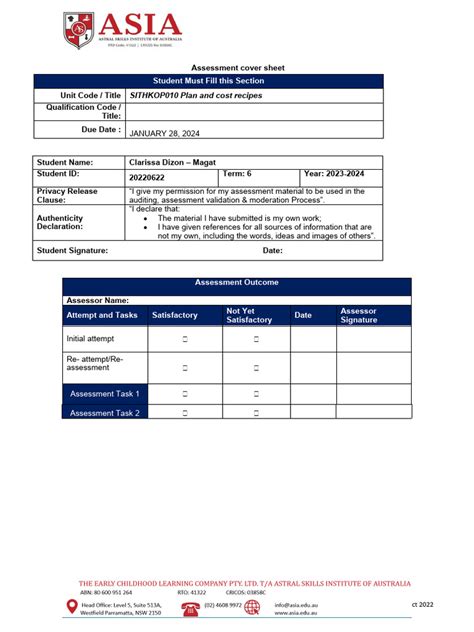 Sithkop010 Clarissa Assessment Tasks Download Free Pdf Menu Italian Cuisine
