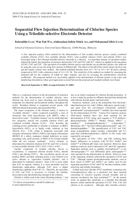 Pdf Sequential Flow Injection Determination Of Chlorine Species Using A Triiodide Selective