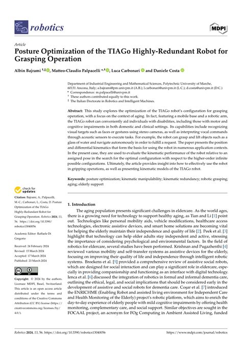 Pdf Posture Optimization Of The Tiago Highly Redundant Robot For Grasping Operation