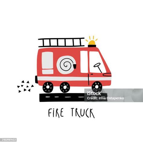 소방차 손으로 쓴 글씨 흰색 배경에 고립 된 도로에 평면 만화 자동차 직물 섬유 티셔츠 인쇄 엽서 의류 또는 어린이 방 디자인에 대 한 귀여운 자동차와 벡터 인쇄 낙서