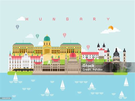 최소한의 스타일과 아이콘을 여행 헝가리 유명한 랜드 마크 인포 그래픽 템플릿 기호 세트 벡터 일러스트 는 포스터 여행 책 엽서 빌보드에 사용할 수 있습니다 건축에 대한 스톡