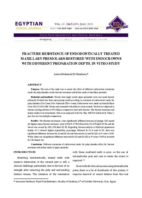 Pdf Fracture Resistance Of Endodontically Treated Premolars Restored With Endocrowns With