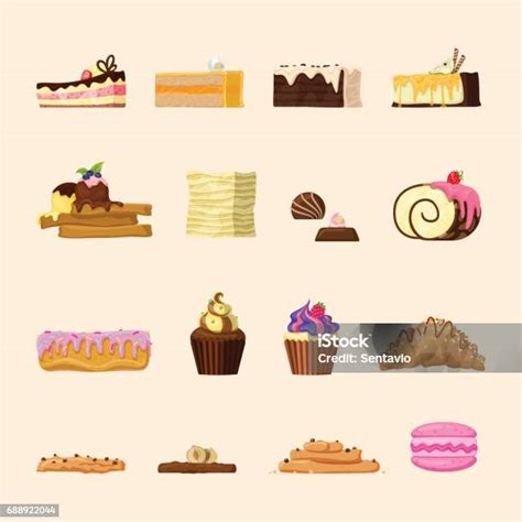 맛 있는 사탕이 게 제과 제빵 제품 전면 보기 아이콘을 설정합니다 컵 케 익 크로 클 레어과 자 초콜릿 룰렛 아이스크림 마 카 롱 케이크 타트 크림 아몬드 너트 크리에이