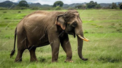 Cute Ceylon Elephant Walking On Grass And Searching For Fo Premium Ai