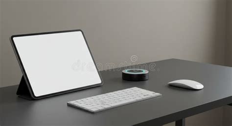 Modern Workspace Tablet Smart Speaker Keyboard Mouse Minimalist Desk