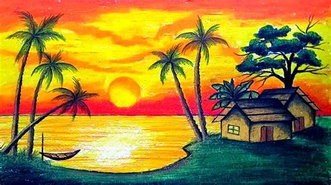 Easy Sunset Scenery Drawing How To Draw Beautiful Scenery Of Sunset