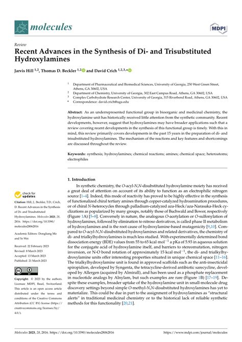 Pdf Recent Advances In The Synthesis Of Di And Trisubstituted Hydroxylamines