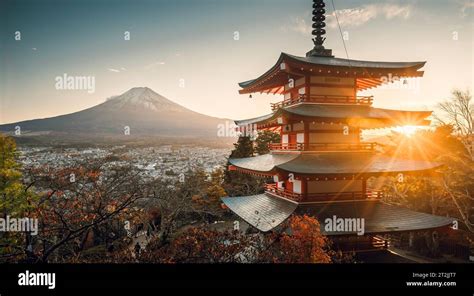 Mount Fuji San Beautiful Landscapes On Sunset Fujiyoshida Japan At
