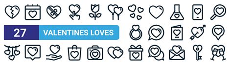 27 개요 웹 발렌타인 세트는 깨진 마음 달력 선물 마음 음성 거품 알림 선물 상자 웹 디자인 모바일 응용 프로그램을위한 건배 벡터 얇은 선 아이콘과 같은 아이콘을 좋아