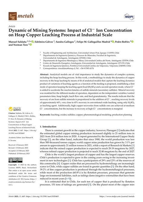 Pdf Dynamic Of Mining Systems Impact Of Cl− Ion Concentration On Heap Copper Leaching Process