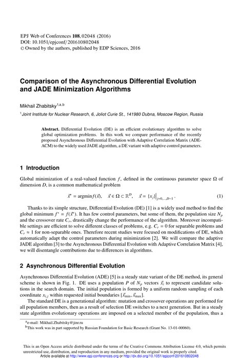 Pdf Comparison Of The Asynchronous Differential Evolution And Jade Minimization Algorithms