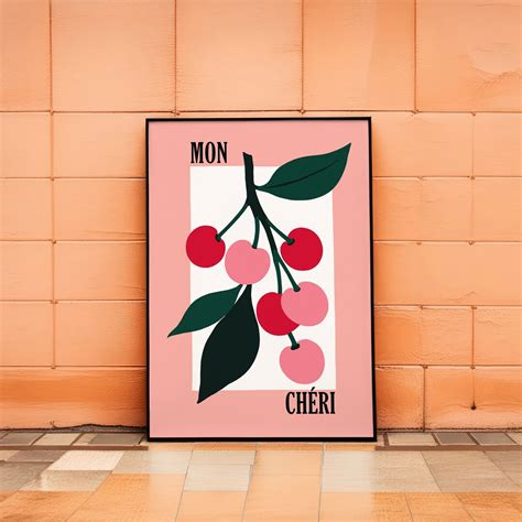 Mon Cheri Cherry Blossom Art Print Modern Minimalist Wall Decor Pink And Green Nature Poster