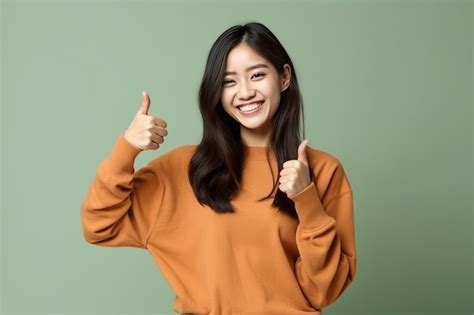 A Woman With A Yellow Sweater Gives A Thumbs Up Sign Premium Ai