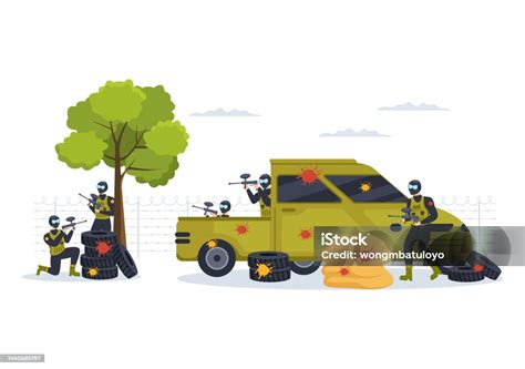 총을 쏘고 조준하고 플랫 만화 손으로 그린 템플릿 그림의 필드 장면에서 공격으로 전투기 플레이어의 페인트볼을 하는 사람들 겨냥에 대한 스톡 벡터 아트 및 기타 이미지