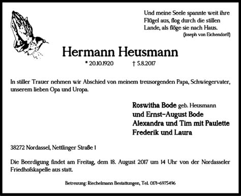 Traueranzeigen Von Hermann Heusmann Trauer38 De