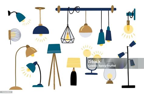 천장 조명 샹들리에와 펜던트가있는 3d 홈 인테리어 현대적인 장식과 빈티지 룸 가구 갓이있는 빛나는 전구 실내 조명 벡터 절연