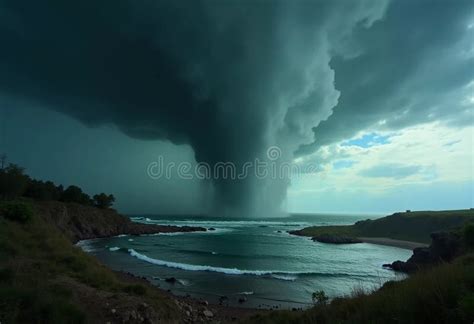 Imposing Tornado Storm Descends Toward The Water Swirling Dark Clouds Overhead While Waves