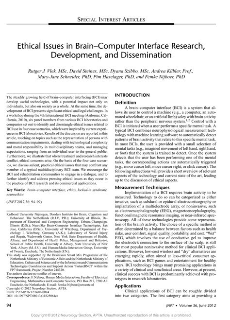 Pdf Ethical Issues In Braincomputer Interface Research Development