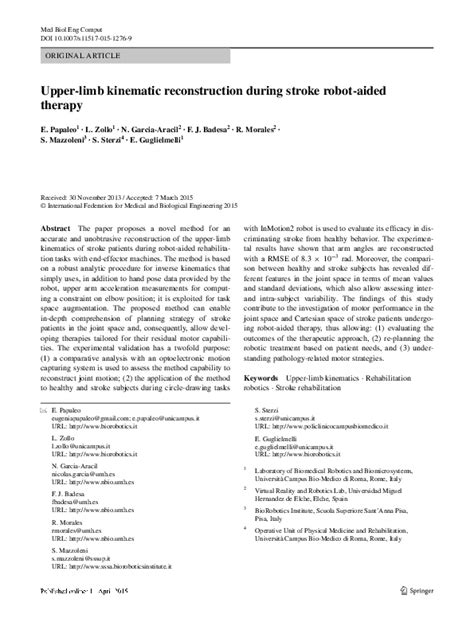 Pdf Upper Limb Kinematic Reconstruction During Stroke Robot Aided Therapy