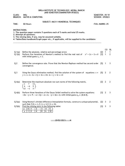 Ma311 Numerical Techniques Mid Sp23 Pdf Numerical Analysis Algorithms