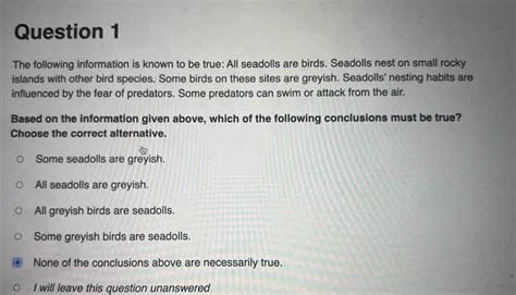Solved Question 1 The Following Information Is Known To Be True All Seadolls Are Birds