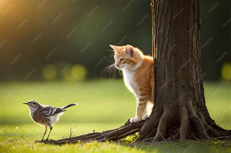 Premium Photo A Cat And A Bird Looking At Each Other