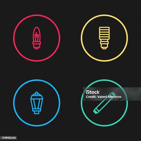 세트 라인 정원 조명 램프 형광 Led 전구 및 라이트 아이콘 벡터 0명에 대한 스톡 벡터 아트 및 기타 이미지 0명