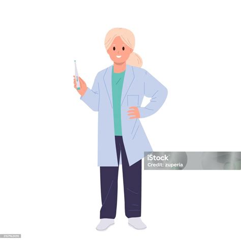 흰색 배경에 고립 된 온도계를 들고 유니폼을 입은 십대 소녀 의사 만화 캐릭터 간호사에 대한 스톡 벡터 아트 및 기타 이미지