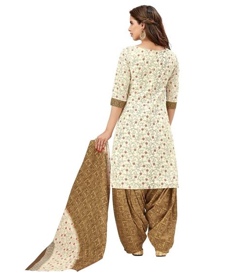 Womens Cream And Beige Cotton Printed Readymade Salwar Suit Set Om
