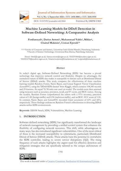 Machine Learning Models For Ddos Detection In Software Defined Networking A Comparative Analysis