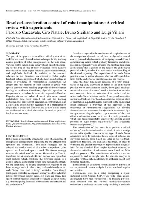 pdf resolved acceleration control of robot manipulators a critical