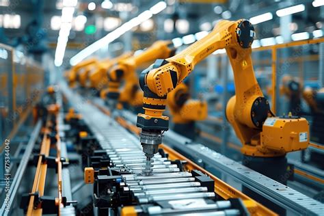 Foto De Stock Advanced Orange Industrial Robot Arm Assemble Ev Battery Pack On Automated