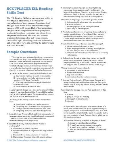 Accuplacer Esl Reading Skills Test Sample Questions